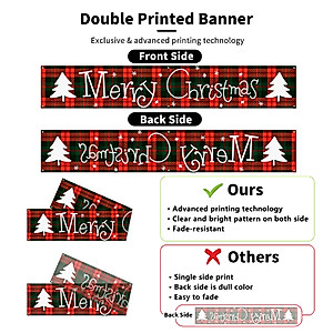 Large Merry Christmas Banner Xmas Outdoor Decorations Double Printed Green Red Buffalo Plaid Trees 120" x 20" Huge Yard Sign Holiday Party Supplies Backdrop Home Decor Ornaments for Garden House Fence Garage Indoor Gifts