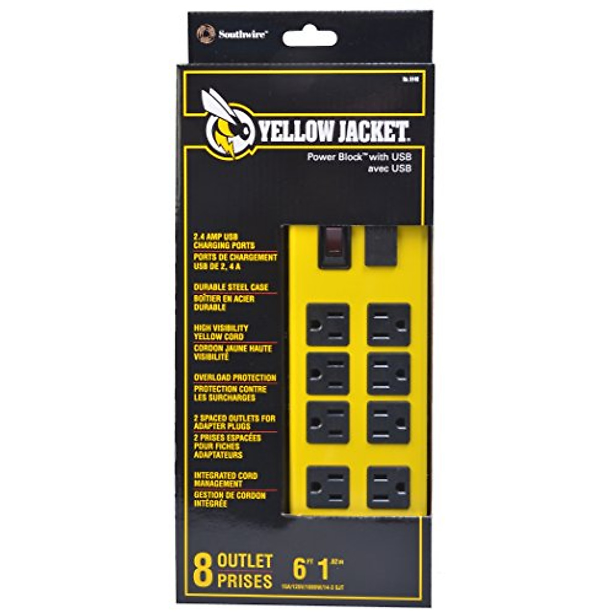 Yellow Jacket 5148 Modern 8-Outlet Metal Power Block with 2 USB Ports; Yellow