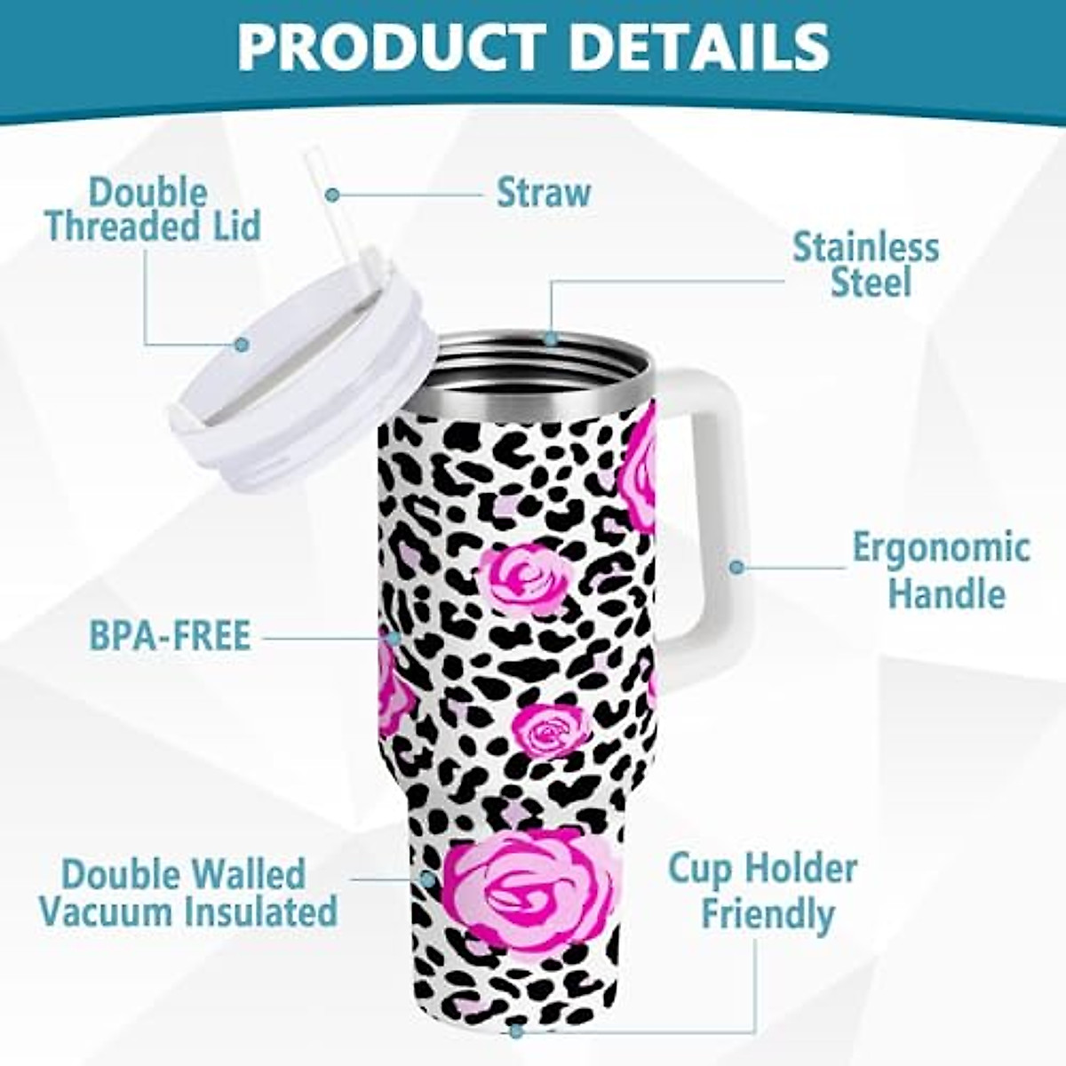 RPLIFE Pink Roses Leopart Print Tumbler Cup, Stainless Steel Coffee Cup, Insulated Cups with Lids, Tumbler for Men