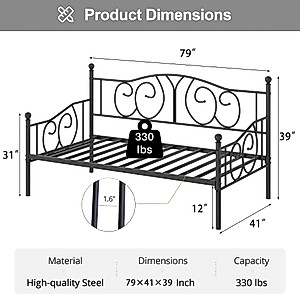 VECELO Metal Daybed Frame Multifunctional Platform Bed Sofa Mattress Foundation with Classic Headboard, Twin, Black