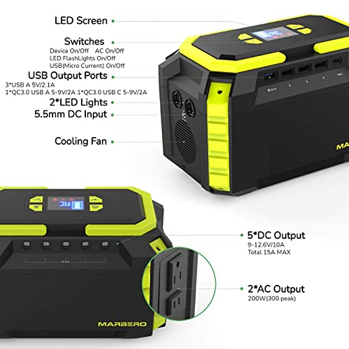 MARBERO Portable Power Station 222Wh Camping Generator Lithium Battery Power Supply with 110V/200W(Peak 300W) AC Outlet, DC Ports, USB QC 3.0 Ports LED Flashlights for CPAP Home Camping Emergency