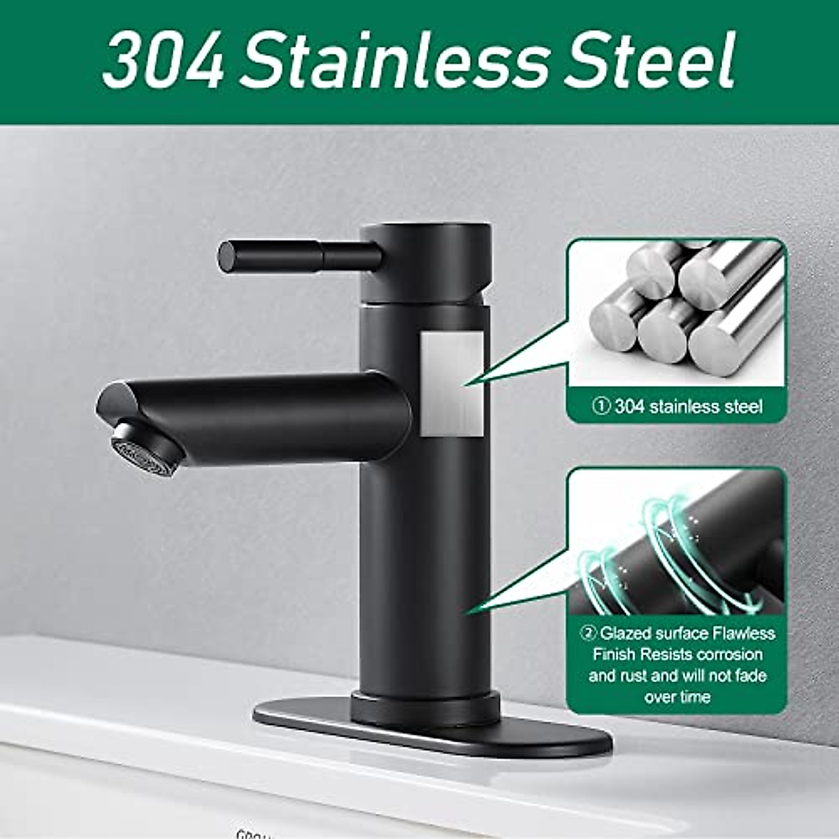 Black Bathroom Faucet Single Hole RV Bathroom Faucet Stainless Steel Bathroom Sink Faucet 1 Hole with 3 Hole Deck Plate，Water Supply Lines with cUPC Certification