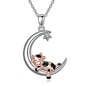 URONE Cow Necklace Sterling Silver Cow Moon Pendant Cute Cow Animal Jewelry Gifts for Women Girls