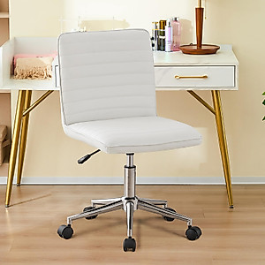 Furnimart Faux Leather Mid-Back Armless Office Desk Chair Adjustable Task Chair Home Office Chair Small Swivel Chair Dorm Chair with Smooth Casters (PU White)