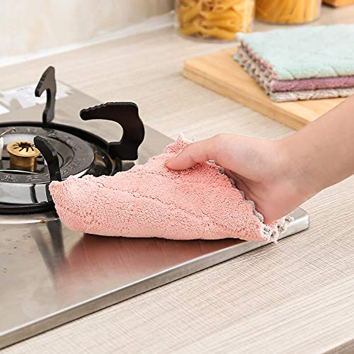 kimteny 12 Pack Kitchen Cloth Dish Towels, Premium Dishcloths, Super Absorbent Coral Velvet Dishtowels, Nonstick Oil Washable Fast Drying (Pink-Grey)