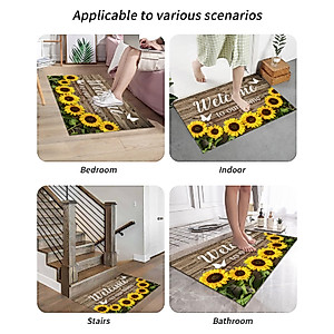 Front Door Mat Indoor Outdoor Entrance, Welcome Sunflower on a Wooden Board Non-Slip Doormat Fade Resistant, Low Profile, Easy Clean Patio Porch Entryway Mat 36x24 inches