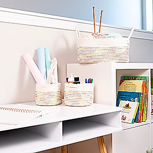 OrganiHaus Set of 3 Rainbow Nursery Storage Baskets for Shelves, Baby Changing Basket, Small Woven Baskets for Storage, Cotton Rope Basket for Toys, Basket with Handles, Round Towel Basket Bins