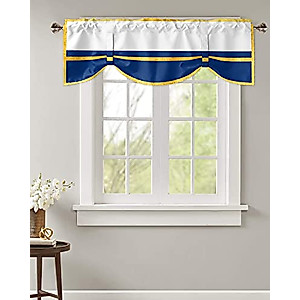 Blue White Block and Gold Yellow Lines Tie Up Valance Curtain for Kitchen-Small Window Shade Valances Adjustable Rod Pocket Windows Treatment for Bathroom Decor Modern Minimalist Art,1 Panel 42x12in