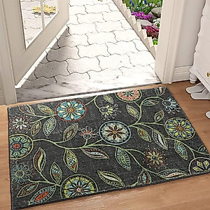 PAGISOFE Indoor Front Door Mat Boho Kitchen Sink Mat, 2x3 Machine Washable Rug, Floral Non-Slip Throw Rug with Rubber Backing, Soft Small Area Rugs for Entryway Bedside Bathroom Entry, Green/Multi