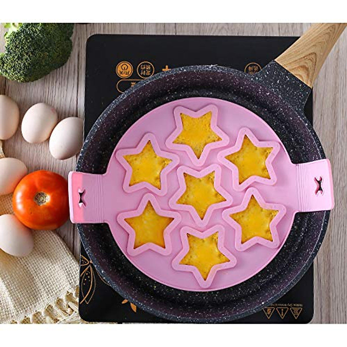 3 PCS Pancake Mould Ring Fried Egg Mould Reusable Silicone Nonstick Pancakes Muffin Mold,Heart/Star/Round Shape,Silicone Brush,Measuring Spoons,Saving Time