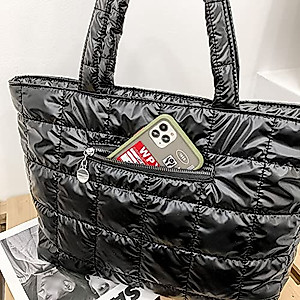 Large Quilted Tote Bag with Zip for Women Lightweight Winter Down Cotton Padded Plaid Shoulder Bags Down Padding Handbags with 2 inner Pockets and an Outer Zip Pocket