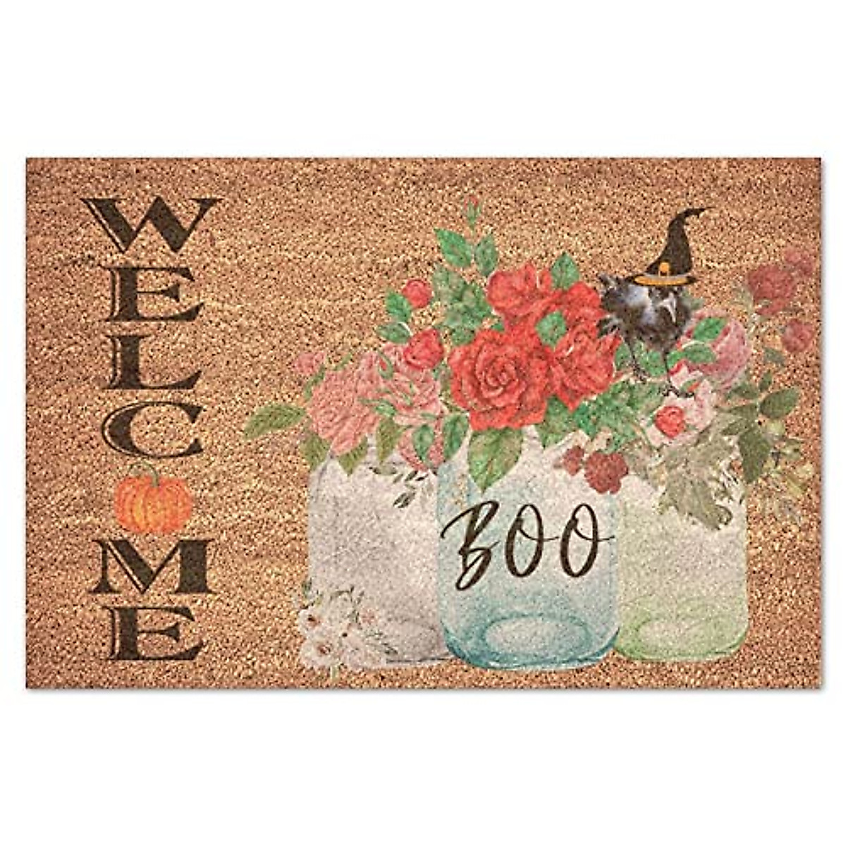 Coir Door Mat Natural Fade - Vinyl Backed Welcome Halloween Fall Summer Door Mat 16x24in Fall Floral Flowers Jars Sunflowers Pumpkins Houses Doormat Home Entryway Farmhouse Decor