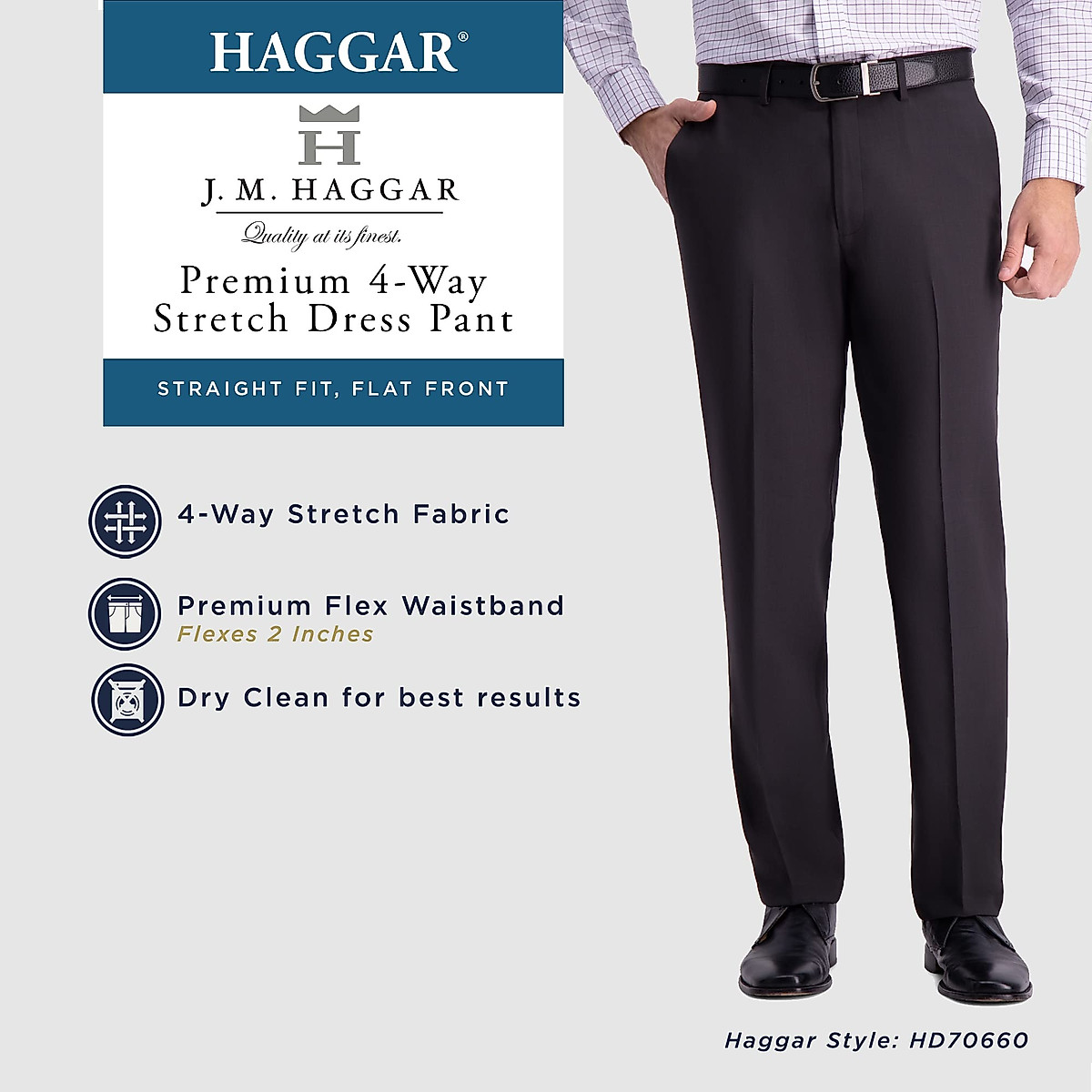 J.M. Haggar Men's Solid Gab 4-Way Stretch Straight Fit Flat Front Dress Pant, Black, 40Wx30L