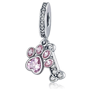 Dog Paw Charm Fit for Pandora Charms Bracelet Pink Heart Zircon Bead Charms Birthday Jewelry Gifts