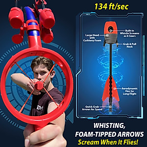 Funwares Ring Strike Archery Bow and Arrow Launches Arrows Over 200 Feet, includes 1 Kid-Powered Bow and 4 Whistling Foam Tipped Arrows