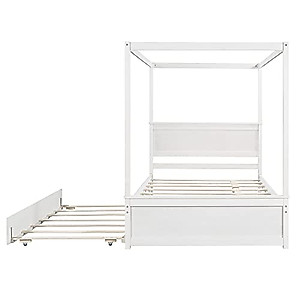 Bellemave Full Size Wood Canopy Bed with Trundle and Two Nightstands, 4-Post Platform Frame Headboard, 3 Pieces Bedroom Set (Brushed White) Full Canopy Bed+2 Nightstands