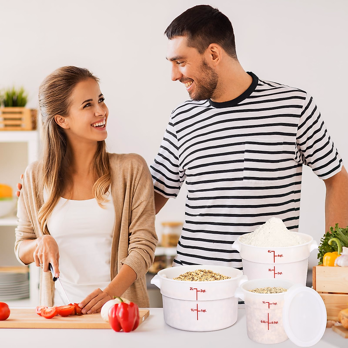 Ziliny 4 Pcs Food Storage Containers 1, 2, 4, 6 Qt Round Food Storage Container with Lids for Pantry Organizers Translucent Plastic Tubs with Handles for Bread Dough Home Storage Food