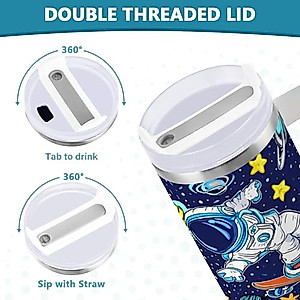 RPLIFE Cartoon Astronaut Skateboarding Blue 40 Oz Tumbler with Handle and Straw, Stainless Steel Tumbler with Straw, Coffee Tumbler for Women