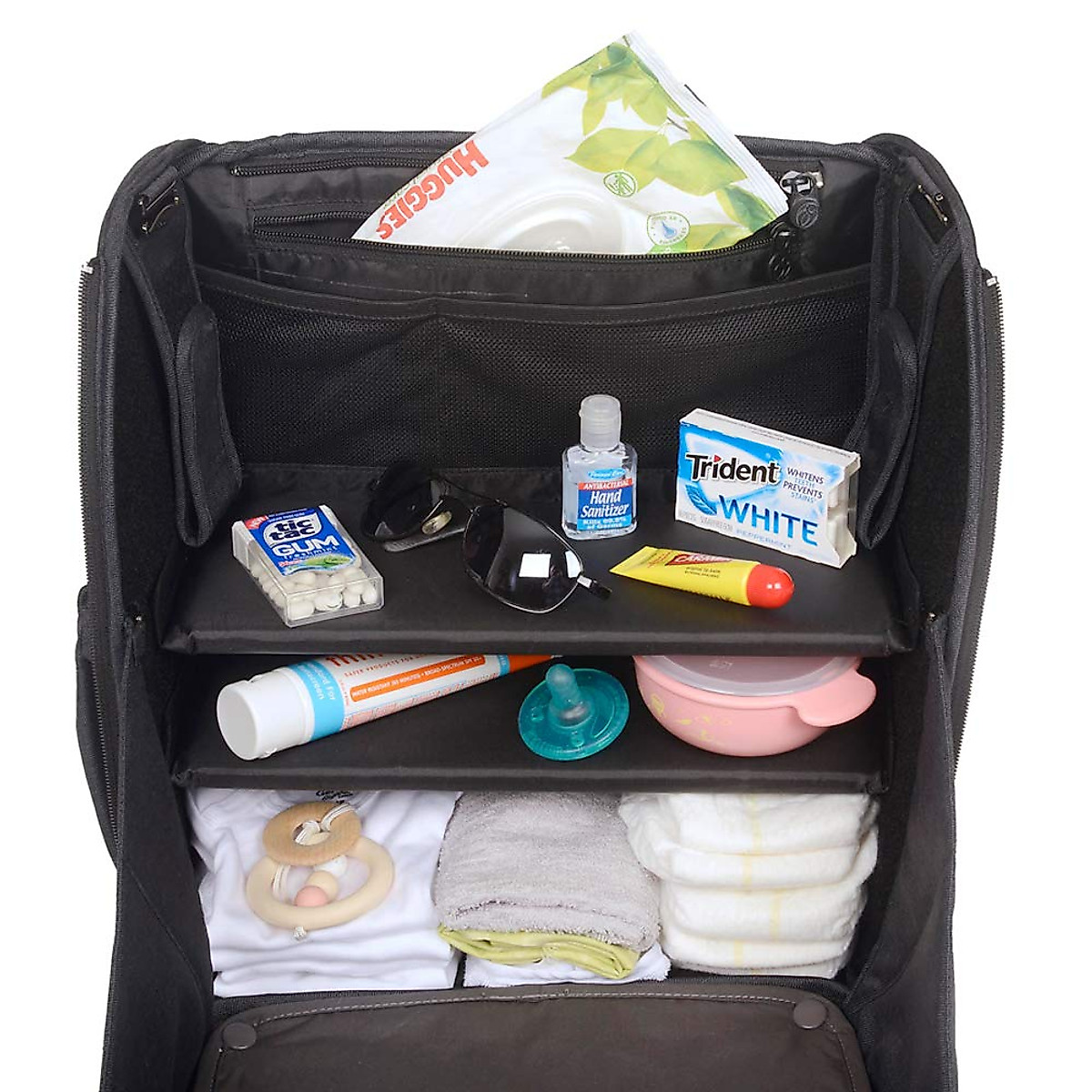 Lulyboo Diaper Bag Convertible Backpack, Full Open Cabinet and Padded Changing Station, Removable Caddy with Two Drink Holders and Angled Cell Phone Storage for Easy Viewing, Black