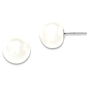 14K White Gold 11mm Button Freshwater Cultured Pearl Stud Earrings