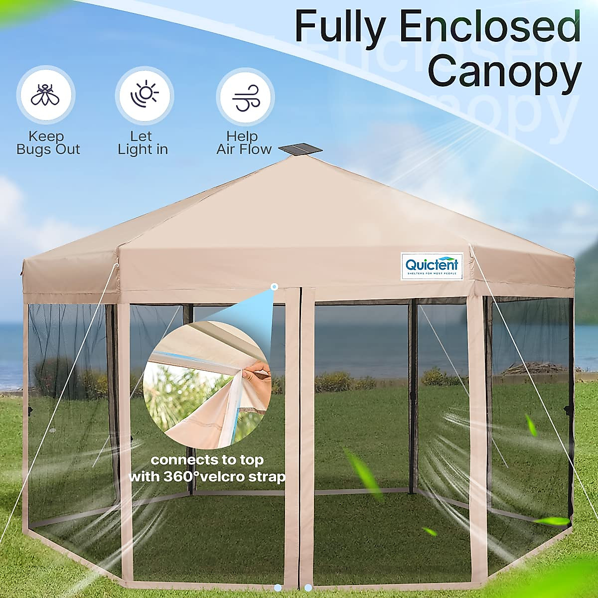 Quictent 13'x13’ Hexagonal Pop up Canopy Tent with Mosquito Netting, Instant Screened in Canopy Screen House Room Tent Easy Set up with LED Lights (Beige)