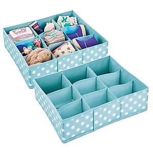 mDesign Soft Fabric 9 Section Dresser Drawer and Closet Storage Organizer for Child/Kids Room, Nursery, Playroom - Divided Large Organizer Bin - Herringbone Print - Turquoise/White - 2 Pack