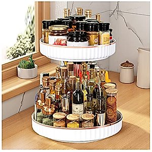 Double Layer Lazy Susans,2 Tiers Plastic Turntable with Adjustable Height, 360° Rotating Spice Rack for Kitchen Cabinet Storage, White (Diameter 10.23"-11.81")