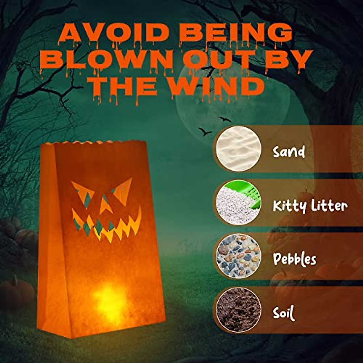 Halloween Luminary Bags Outdoor Paper Pumpkin Lantern Bags Flame Resistant Jack-o'-Lantern Bags Halloween Silhouette Luminary Candle Bags for Halloween, Party, Home Decorations (48 Pieces)