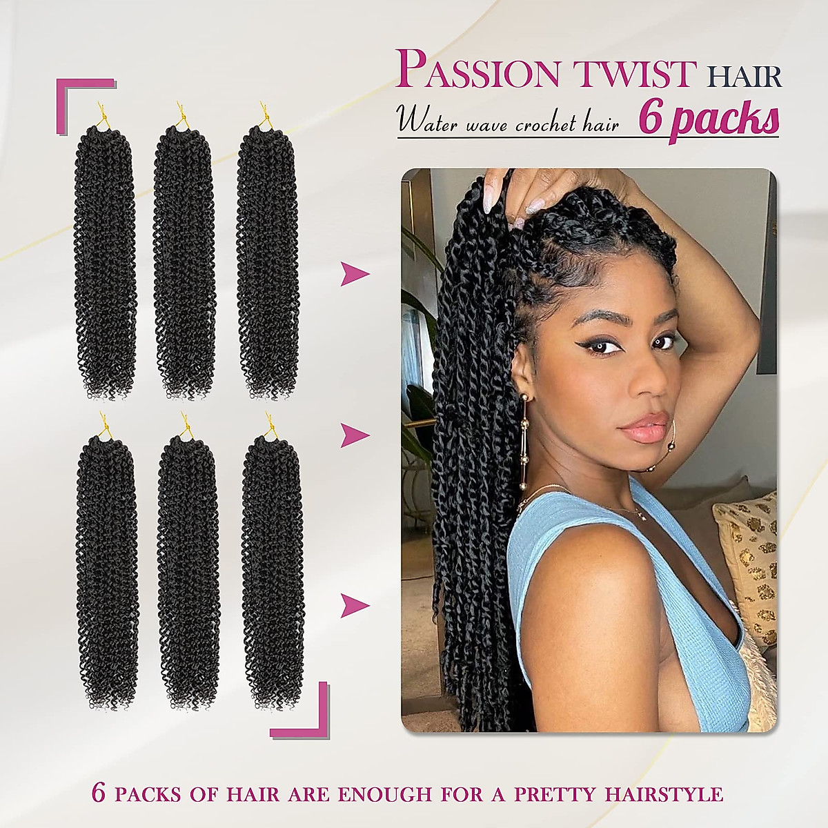 Dansama Passion Twist Hair Water Wave Crochet Hair for Black Women, Long Bohemian Braiding Hair for Boho Locs, Faux Locs, Butterfly Style Crochet Braids Hair Extensions (18inch, 1B, Economy Pack)