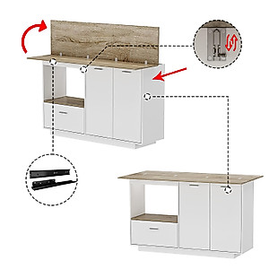 ECACAD 59.1" L Kitchen Island with Lots Storage & Foldable Brown Counter Top, Wood Kitchen Prep Table Stationery Storage Cabinet with Drawers, Shelves & Doors for Dining Room, Brown & White