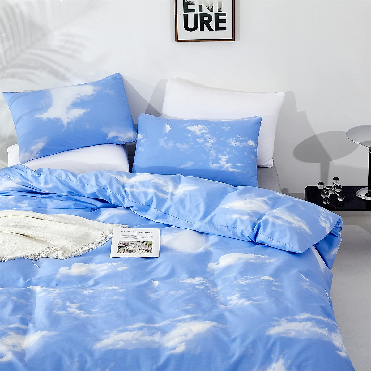 CLOTHKNOW Blue Cloud Full Comforter Set 3Pcs Blue White Bedding Comforter Sets Sky Comforter Soft Light Blue Full Size Comforter Sets