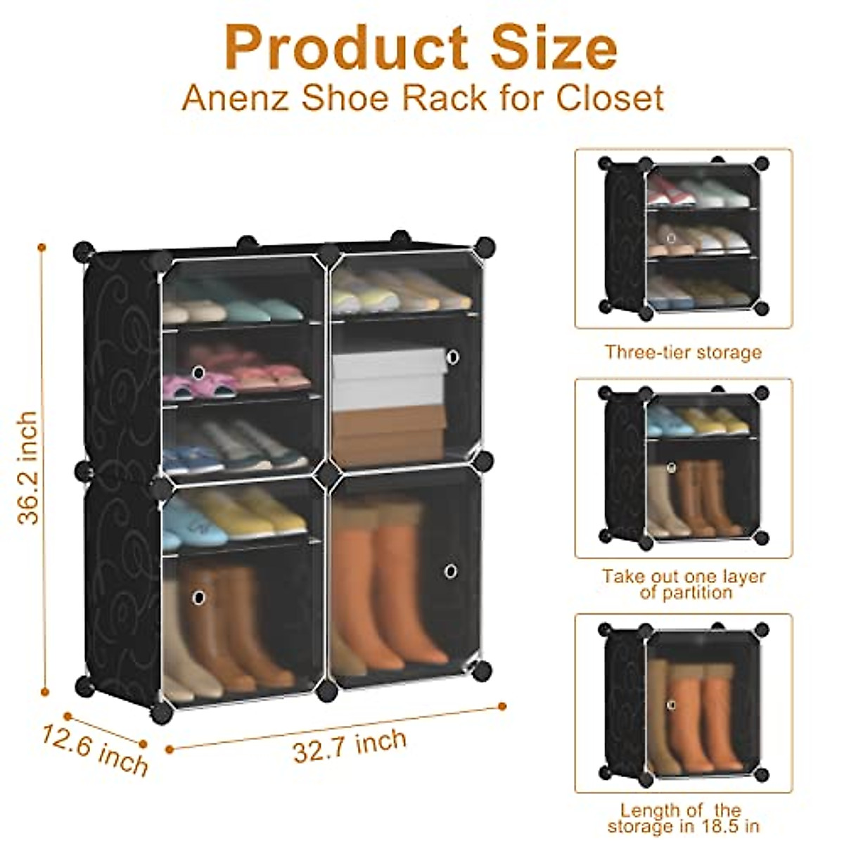 Anenz Shoe Storage Shelf Shoes Cabinet 24 Pair Portable Closet Shoe Rack Shelves Organizer for Closet Entryway ,Free Standing Show Shelf Black Shoes Closet with Doors for for Entryway,Hallway Bedroom