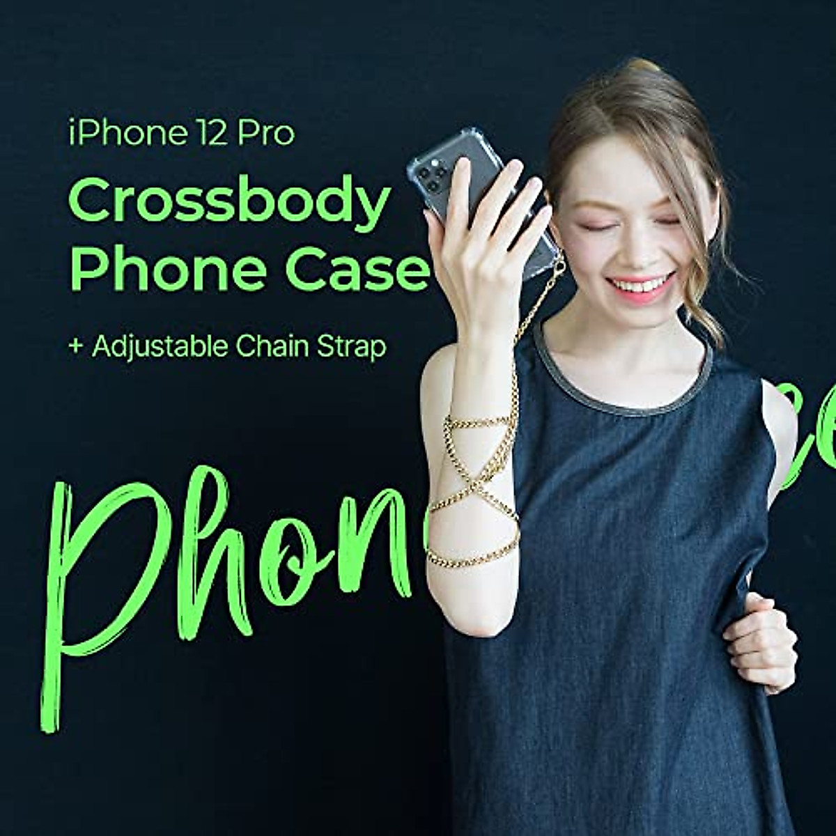 phonecklace iPhone 12Pro Crossbody Phone Case with Adjustible Chain Strap -Shockproof Cellphone Cover with Metal Component for Safe. Detachable 14K Gold Plated Chain Strap