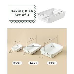 Hasense Rectangular Casserole Dishes for Oven, Ceramic Baking Dish, Baking Pans Set of 3, Lasagna Pan with Handle, Microwave & Dishwasher Safe, Wedding Mother's Day Gift, White(15"/12.2''/8.3'')