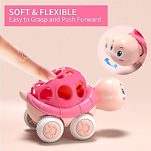 WESAYEE Pink Toy Car for Baby Girl Gifts, Push Toys Wind Up Cars for Toddler Girls, Rattle Cars for Babies, Pink Trucks for Toddlers 1-3 Infant Girls, Soft Truck Infants Gift