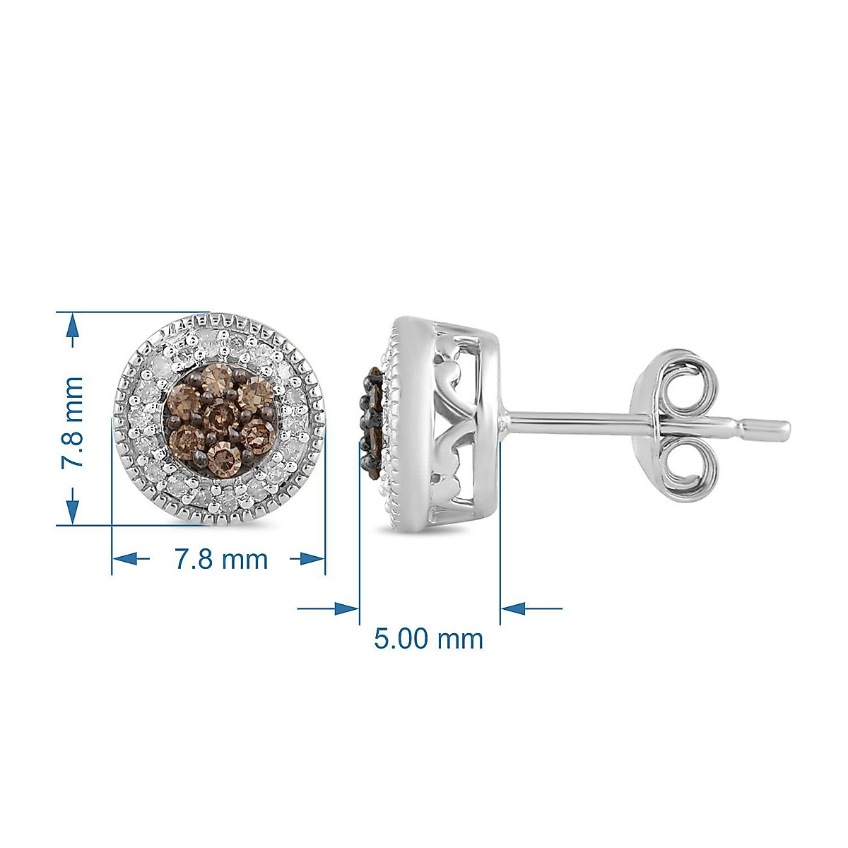 Jewelili Sterling Silver Stud Earrings with Natural White and Champagne Round Diamonds, 1/4 cttw