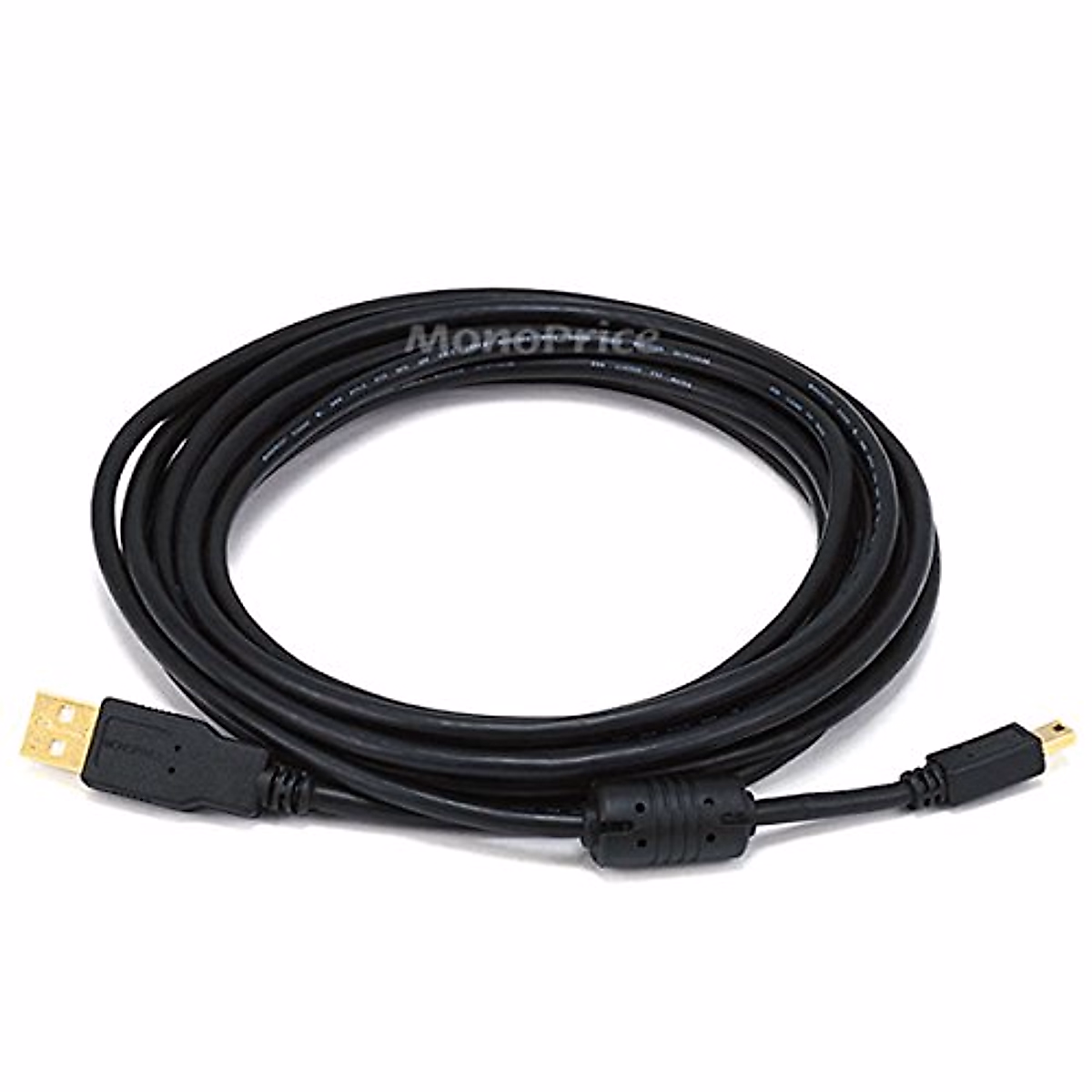 Monoprice 15-Feet USB 2.0 A Male to Mini-B 5pin Male 28/24AWG Cable with Ferrite Core (Gold Plated) (105450),Black