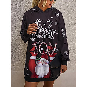MNLYBABY Women's Christmas Hooded Sweatshirt Funny Santa Graphic Shirt Long Sleeve Pullover Tunic Hoodie Dress with Pockets Black