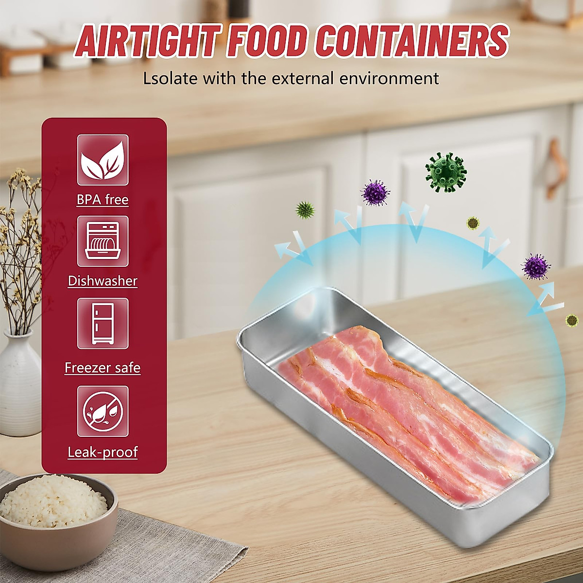 2pcs Bacon Container for Refrigerator, 304 Stainless Steel Airtight Deli Meat Storage Containers for Fridge, Cheese Container for Fridge, Lunch Meat Container with Lids, Kitchen Storage Containers