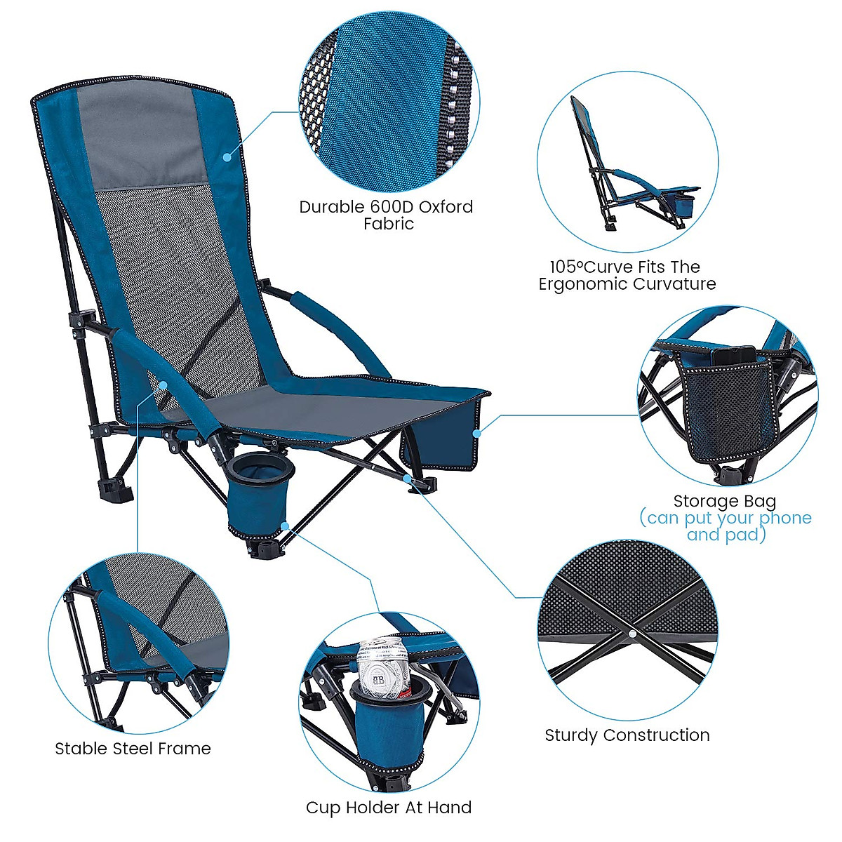 XGEAR High Back Low Seat Folding Beach Chair with Cup Holder and Carry Bag, Mesh Back Sand Chair for Beach, Lawn, Camping, Travel, Support Up to 300 lbs (1chair Blue)