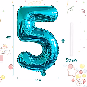 40 inch Teal Blue Number 5 Balloon, Big Size Teal Blue Digit Foil Mylar Helium Balloons for Baby Shower 5th Birthday Party Wedding Anniversary Bachelorette Decoration Supplies