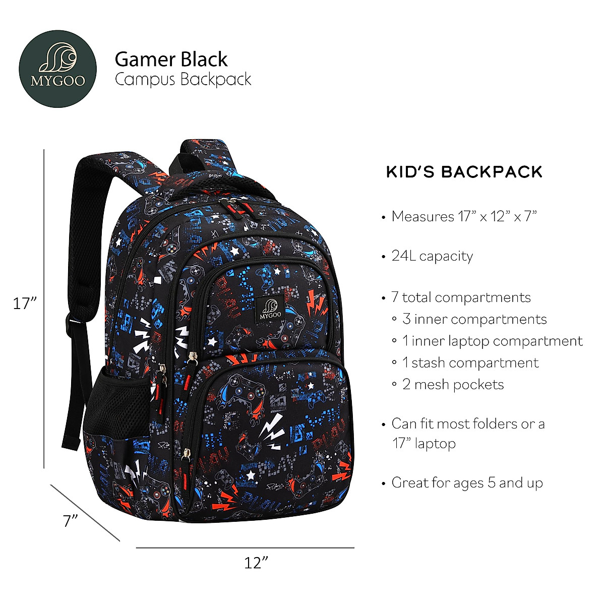 MYGOO Boys' Backpack | Campus Collection | Gamer Black Design | Perfect for Primary School | 17" Tall 24L Capacity