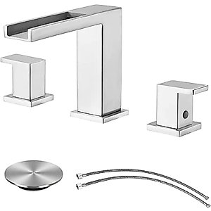 UFaucet Modern Bathroom Faucet Widespread 3 Hole Waterfall Brushed Nickel Bathroom Faucet,8 inch Stainless Steel Two Handle Bathroom Vanity Sink Faucet with Supply Lines and Drain
