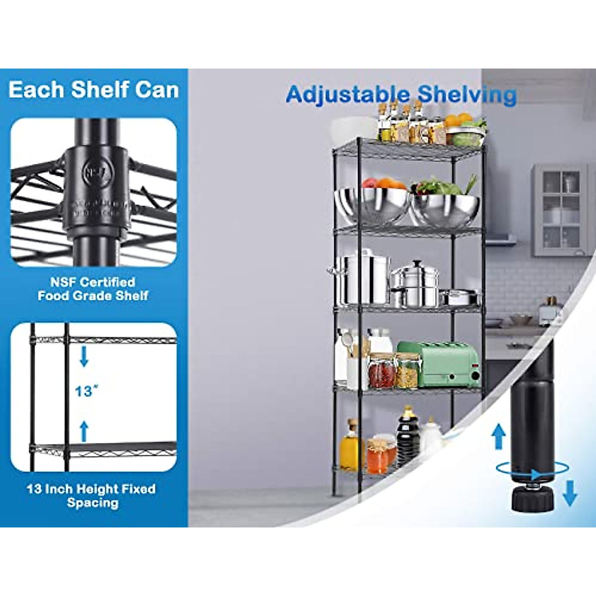 Storage Shelves, 5 Tier Commercial NSF Certified Metal Shelving, Heavy Duty Wire Shelving Unit for Kitchen Restaurant Bathroom Office Pantry, 14"Lx24"Wx60"H Metal Shelves For Storage Utility Shelf