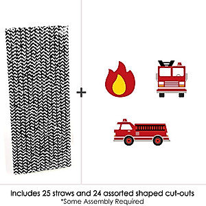 Fired Up Fire Truck - Paper Straw Decor - Firefighter Firetruck Baby Shower or Birthday Party Striped Decorative Straws - Set of 24