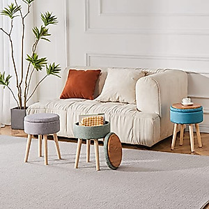 Mxfurhawa Storage Ottoman Linen Round Vanity Stool Tray Top Modern Foot Stool with Wood Legs Multifunctional Upholstered Foot Ottoman Rest for Living Room, Bathroom, Makeup (Grey)