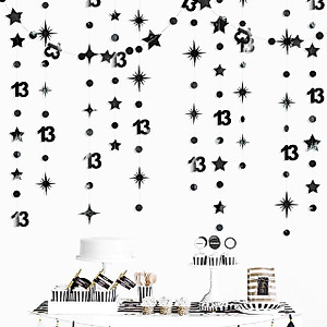 Black 13th Birthday Decorations Number 13 Circle Dot Twinkle Star Garland Metallic Hanging Streamer Bunting Banner Backdrop for Girls 13 Year Old Birthday Thirteen Official Teenager Party Supplies