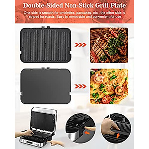 5 in 1 Indoor Grill, Panini Press Grill Sandwich Maker, CATTLEMAN CUISINE Electric Contact Grill and Griddle with Removable Nonstick Grill Plates, Smart Probe, LCD Display, Stainless Steel, 1600W