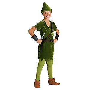 Kids Peter Pan Costume with Hat, Shirt, Tights, Belt/Harness and Wrist Cuffs Green