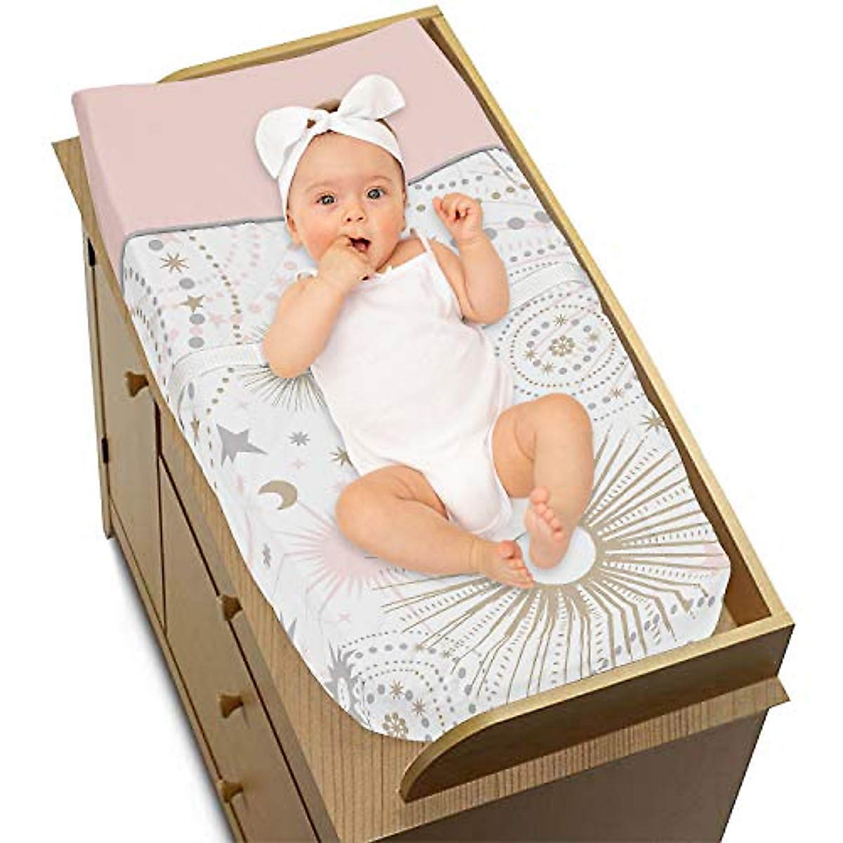Blush Pink, Gold, Grey and White Star and Moon Changing Pad Cover for Celestial Collection by Sweet Jojo Designs